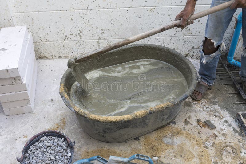 Worker Mixing Concrete Cement Mortar Stock Photo - Image of pour, build ...