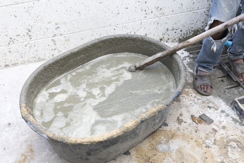 Worker Mixing Concrete Cement Mortar Stock Photo - Image of mixer ...
