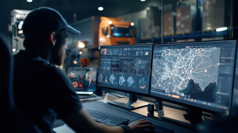 Worker Monitoring Logistics Dashboard on Computers in a Modern ...