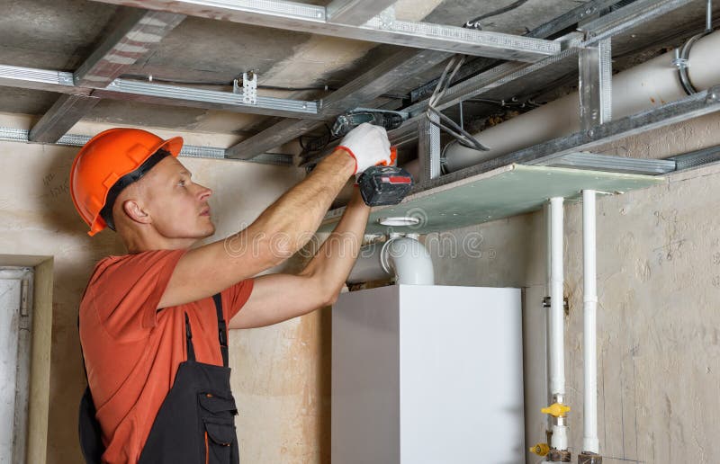 Plasterboard Installation on the Ceiling Stock Photo - Image of ...