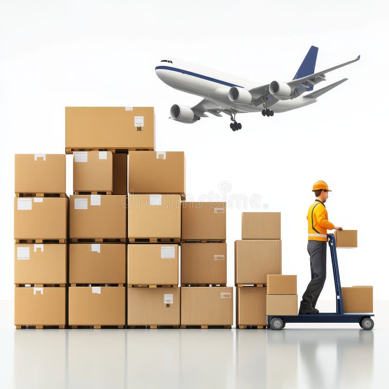 A Worker Moves Boxes in a Warehouse As an Airplane Flies Overhead ...