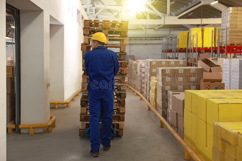 Worker Moving Wooden Pallets with Manual Forklift in Warehouse, Back ...