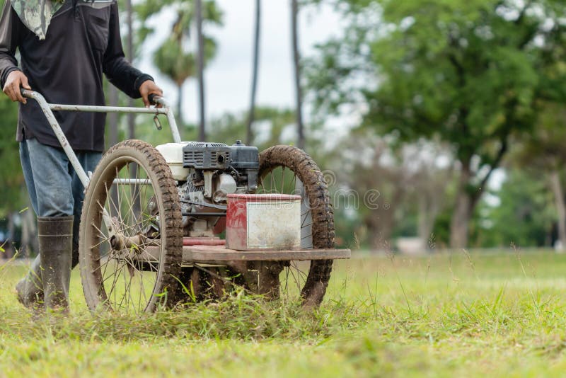 Worker Mowing Grass with Machine in the Public Garden Stock Photo ...