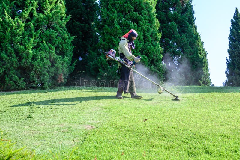 Worker Mowing Lawn in Garden Stock Photo - Image of work, lawnmower ...