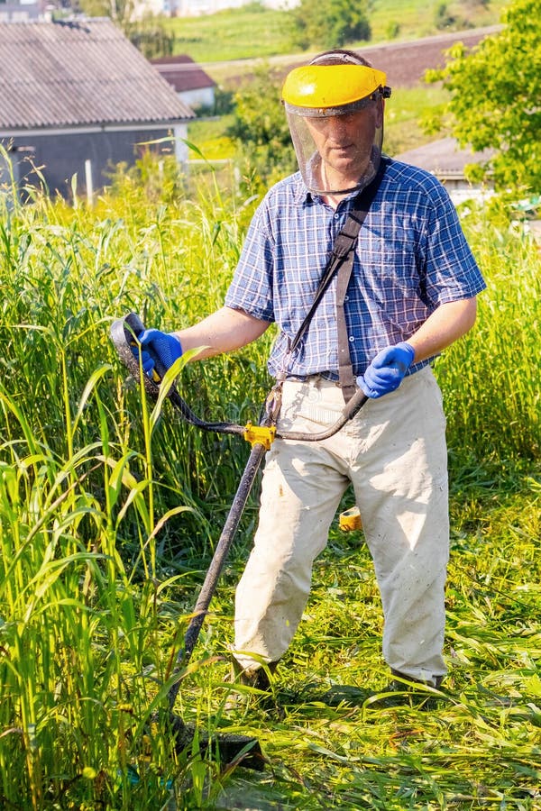 A Worker Mows Tall Grass with an Electric Trimmer Stock Image - Image ...
