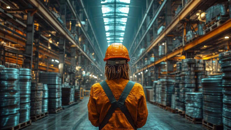 Worker Observes a Large Manufacturing Facility with Automated Processes ...