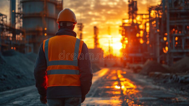 Worker Observes Sunset Over Construction Site, Highlighting Mining and ...