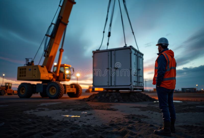 Worker Observing Crane Lifting Container at Twilight, Generative Ai ...