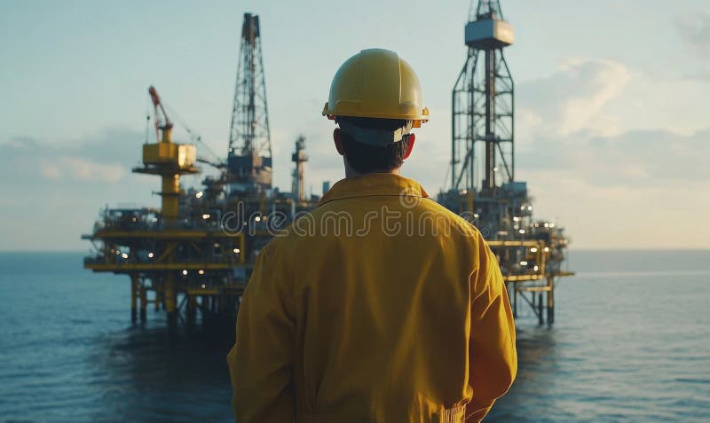 Worker Observing Offshore Oil Rig Operations Stock Illustration ...