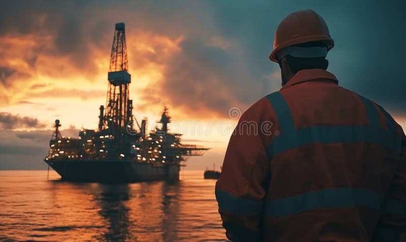 Worker Observing Offshore Oil Rig Operations Stock Illustration ...