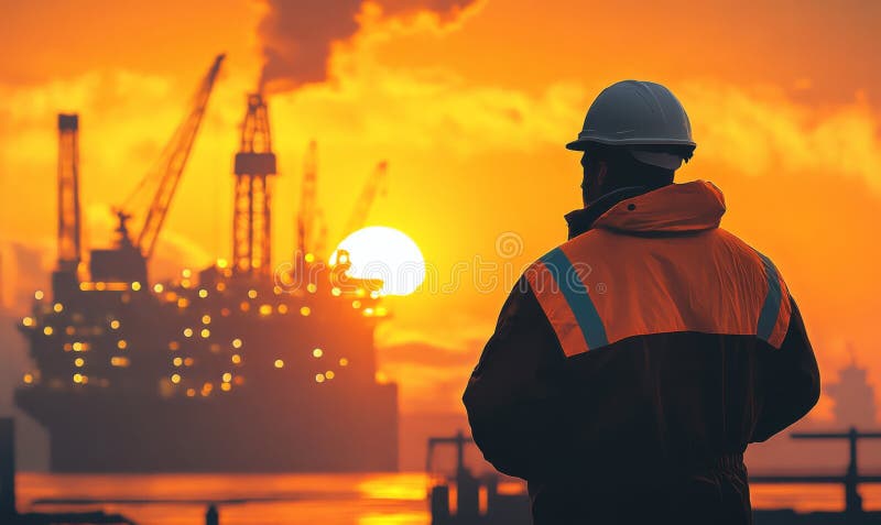 Worker Observing Offshore Oil Rig Operations Stock Illustration ...