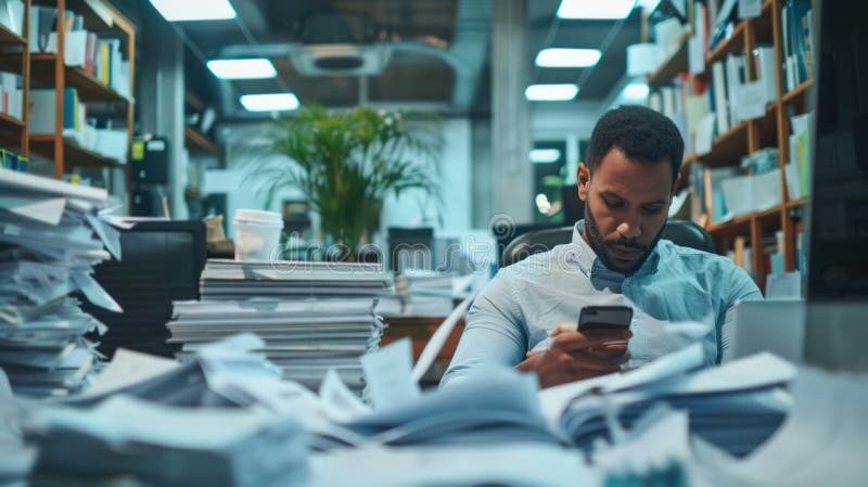 A Worker in an Office Looking at Their Phone while Work Piles Up Around ...