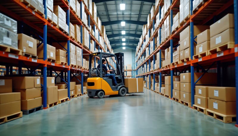 Worker Operates Forklift Truck Inside Large Warehouse. High Shelves ...