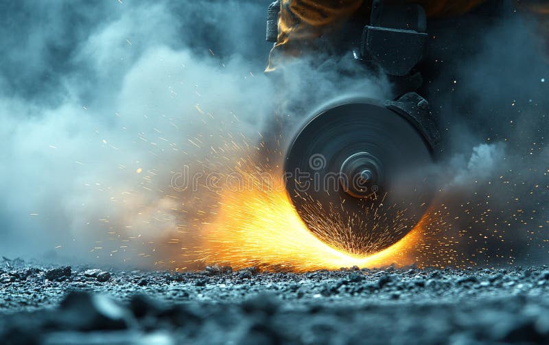 Worker Operates an Industrial Grinder Creating Sparks at a Construction ...