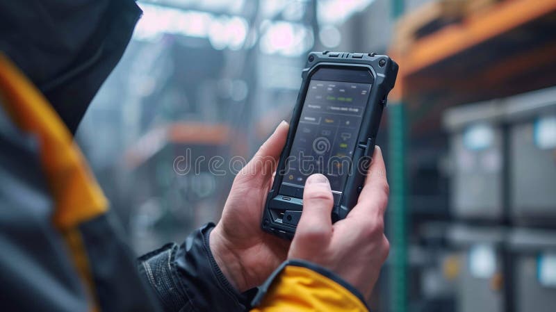 Worker Operates a Mobile Data Terminal in a Warehouse, Demonstrating ...