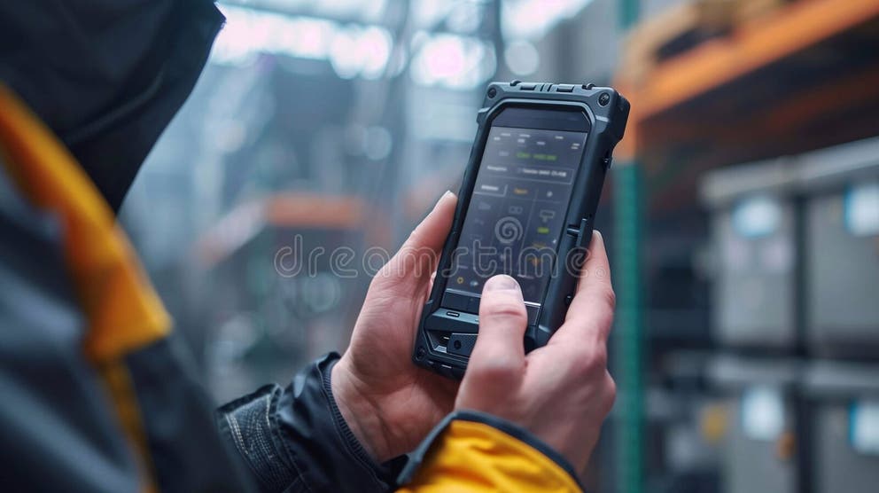 Worker Operates a Mobile Data Terminal in a Warehouse, Demonstrating ...