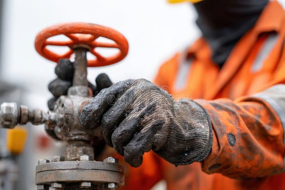 Worker Operates Valves on Pipeline during Maintenance in an Industrial ...