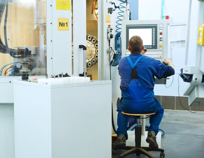 Worker Operating CNC Machine Center Stock Image - Image of machine ...