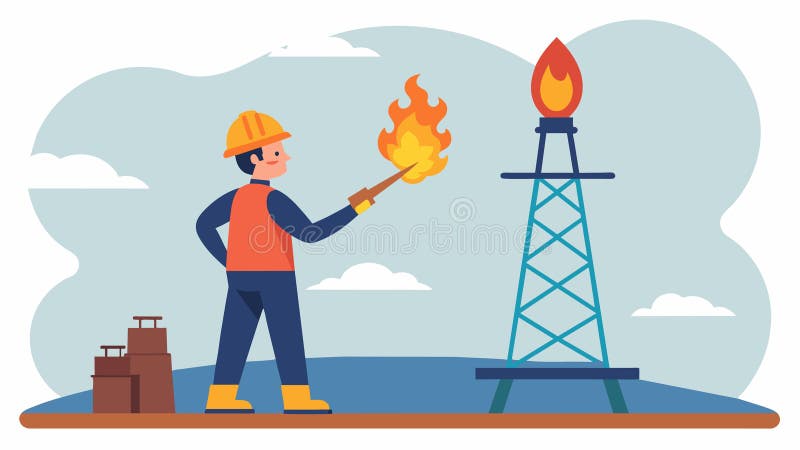 A Worker Operating a Flare Stack To Safely Burn Off Excess Natural Gas ...