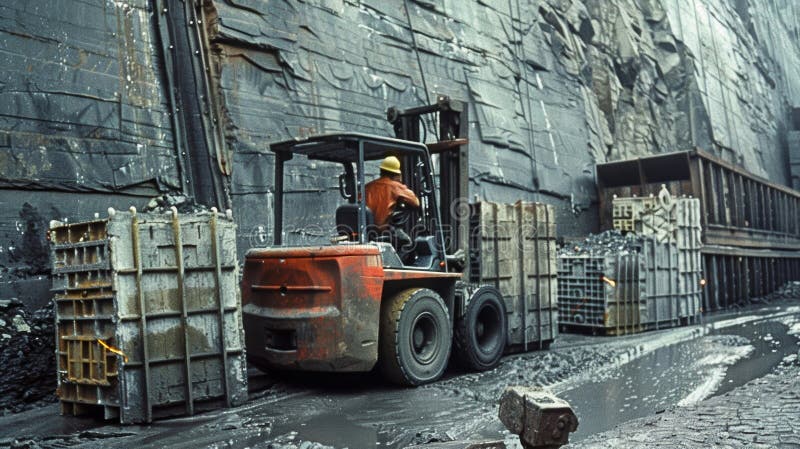 A Worker Operating a Heavyduty Fork Lift Moving Crates of Processed ...