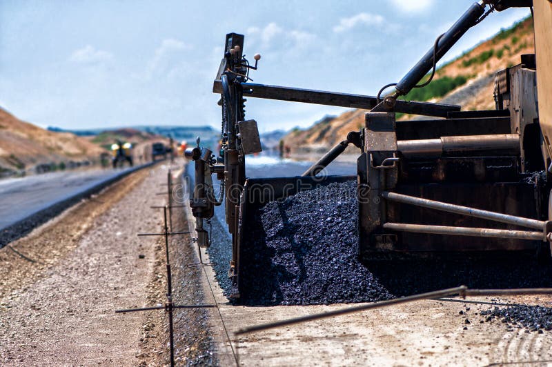 Pavement Machine Laying Fresh Asphalt or Bitumen Stock Image - Image of ...