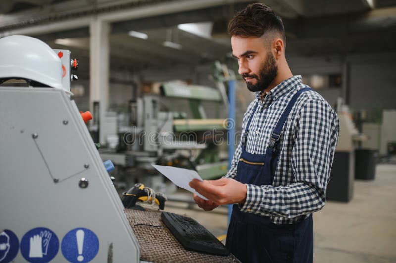 Worker Operating Machine in Factory Stock Image - Image of door ...