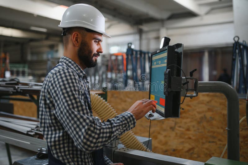 Worker Operating Machine in Factory Stock Image - Image of protection ...