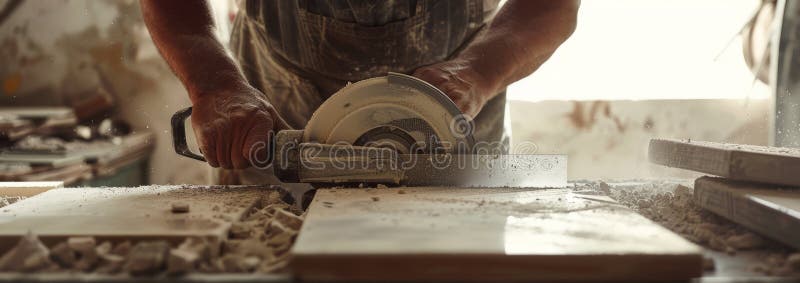 A Worker Operating a Tile Cutter, Emphasizing the Precision Needed for ...