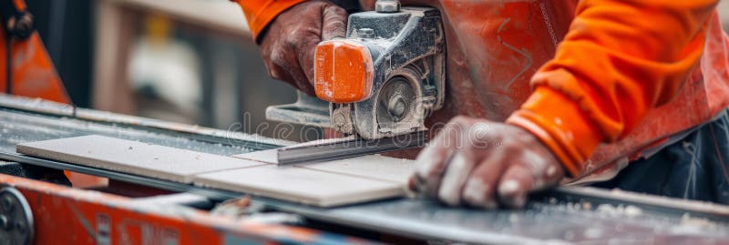 A Worker Operating a Tile Cutter, Emphasizing the Precision Needed for ...