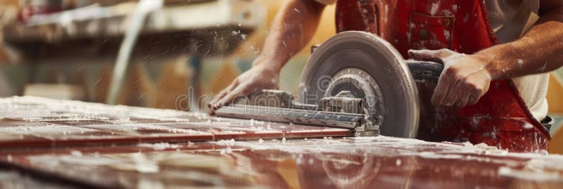 A Worker Operating a Tile Cutter, Emphasizing the Precision Needed for ...