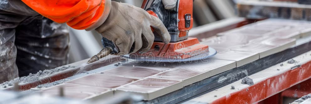 A Worker Operating a Tile Cutter, Emphasizing the Precision Needed for ...