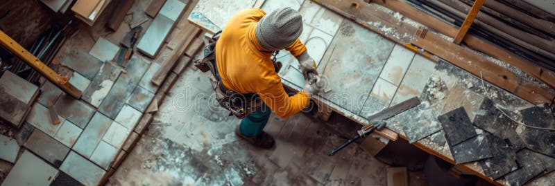 A Worker Operating a Tile Cutter, Emphasizing the Precision Needed for ...