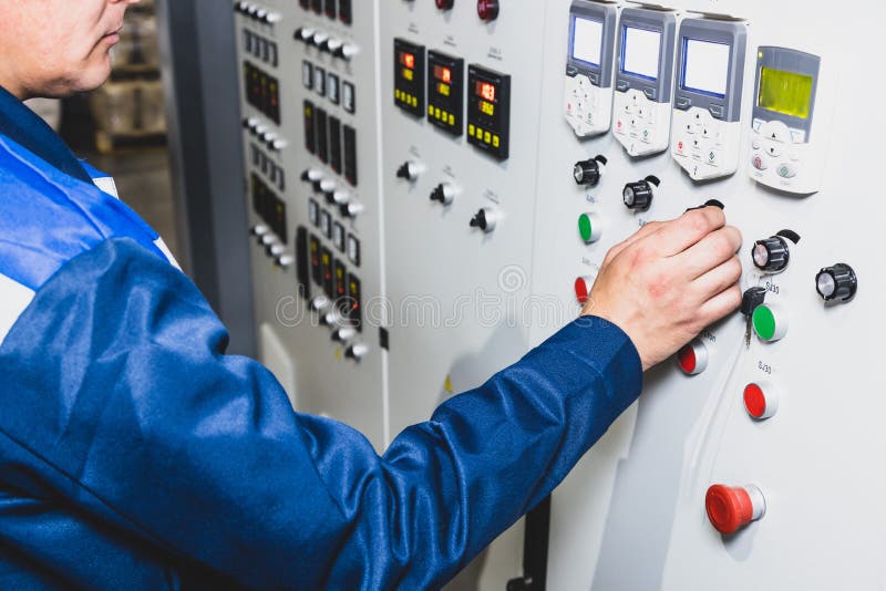 Hand Pressing on Green Button of the Machine in the Factory Stock Image ...
