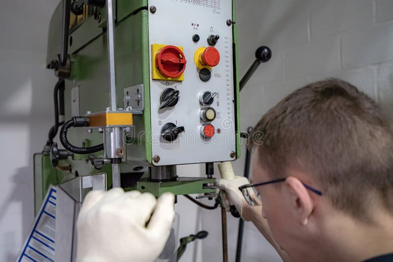 Worker Operator Mechanically Controlled Drilling Machine Performs Work ...