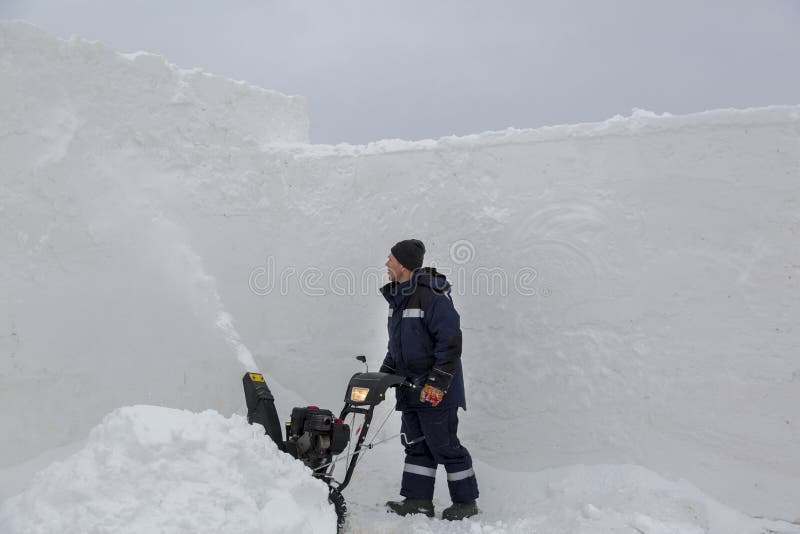 Worker Operator Snow Plow on Snow Removal Stock Image - Image of ...