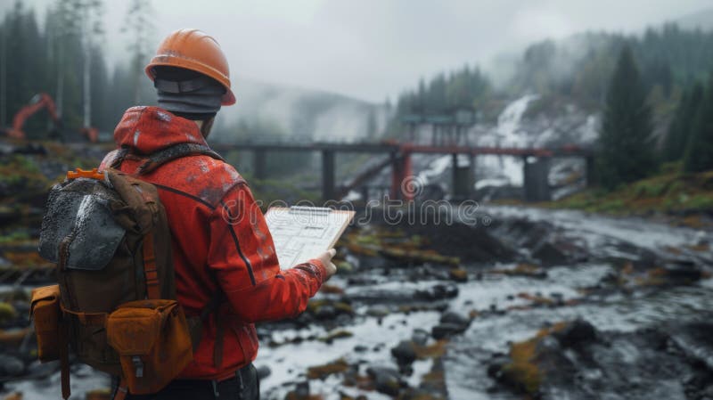 A Worker in Orange Safety Gear Examines Blueprints by a Mist-covered ...