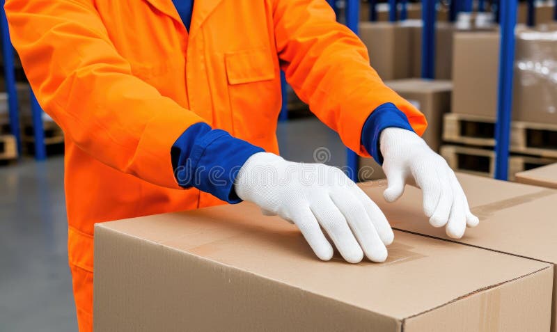 A Worker in an Orange Safety Jacket and Gloves is Packing Cardboard ...
