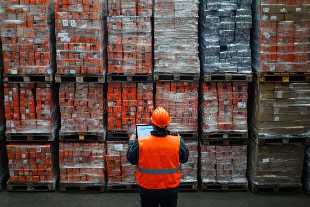 A Worker in an Orange Safety Vest is Looking at a Computer Screen in a ...