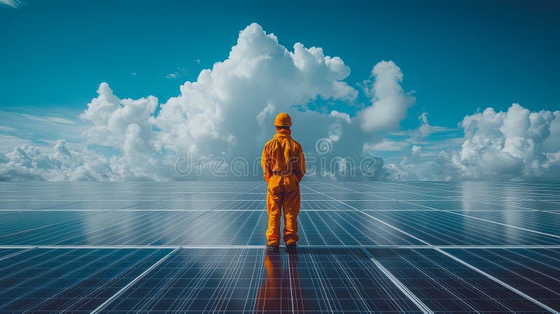A Worker in an Orange Suit Standing on Solar Panels Under a Blue Sky ...