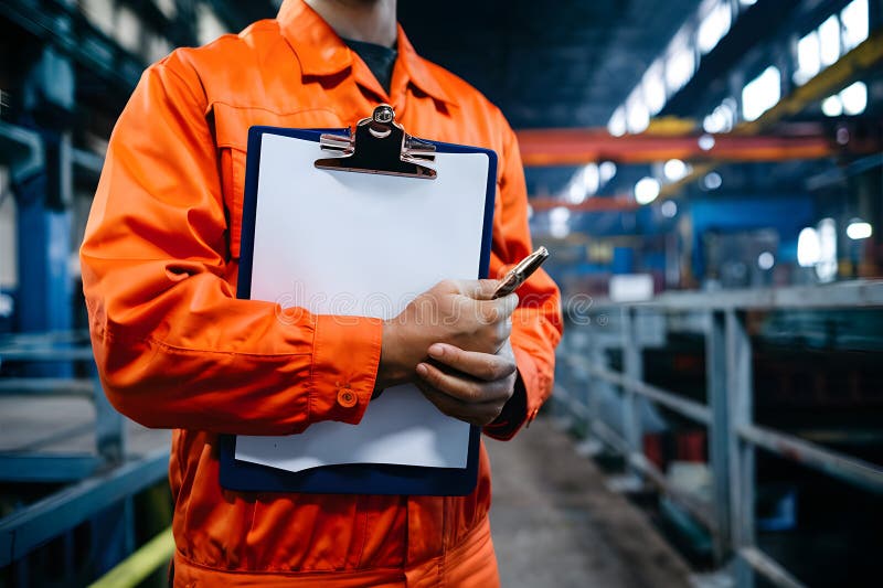 Worker in Orange Uniform with Clipboard in Industrial Setting for ...