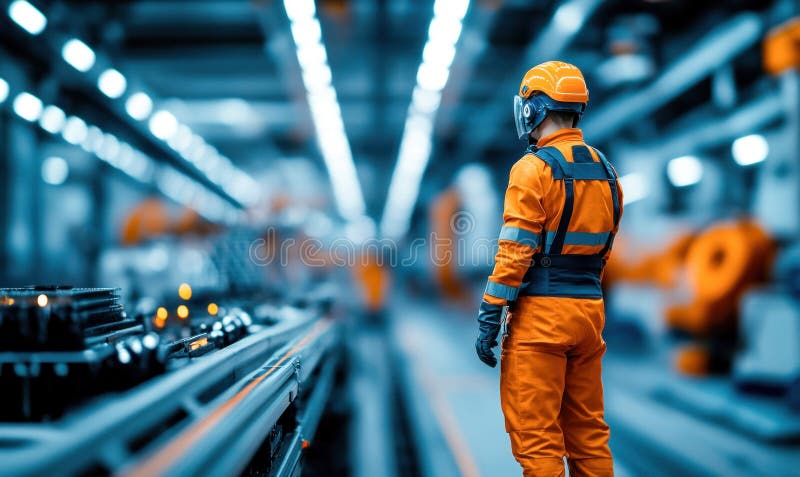 Worker in Orange Uniform on High-Tech Production Line Stock ...