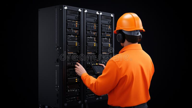 Worker in Orange Uniform Managing Server Rack in Data Center Stock ...