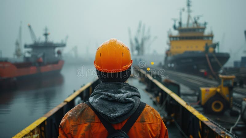 Worker in Orange Uniform and Safety Helmet Standing on the Deck of the ...