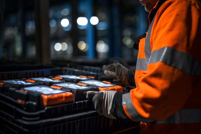 Worker in Orange Vest Handles Battery Pack in Modern Warehouse with ...