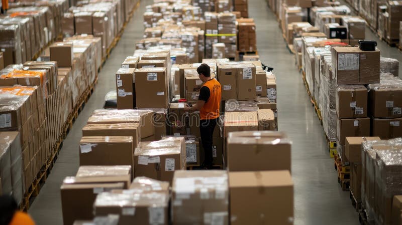 A Worker Organizes Packages in a Large Warehouse Filled with Stacked ...
