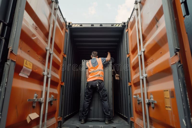Worker Organizing Cargo Inside Shipping Container with Orange Walls ...