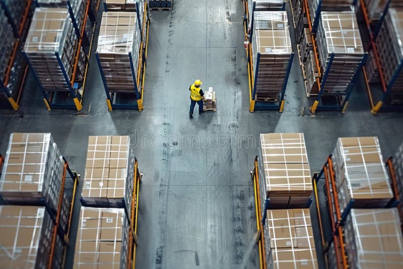 Worker Organizing Shelves in a Large Distribution Warehouse Stock Photo ...