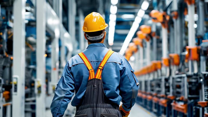 A Worker in Overalls and a Helmet Walks through the Production Workshop ...