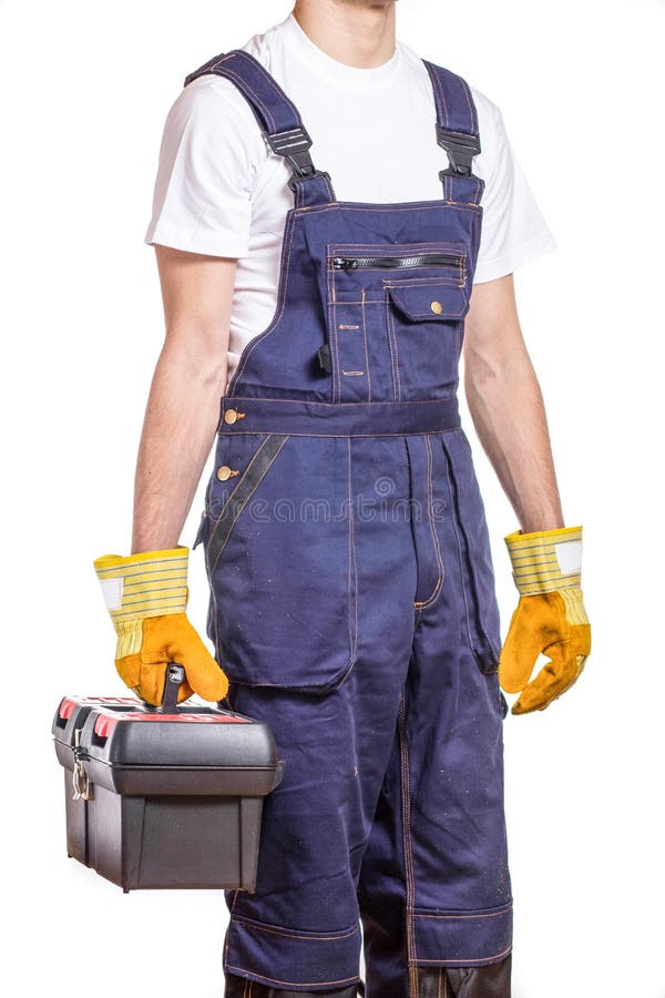 Worker in Overalls with Case Stock Photo - Image of gesture, company ...