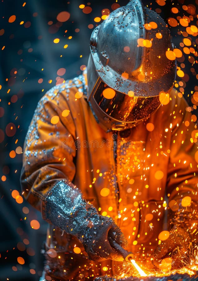 The Worker in Overalls and Welding Mask Welds Metal with Welding ...
